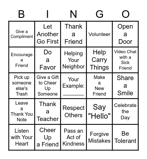 Random Acts of Kindness Bingo Card