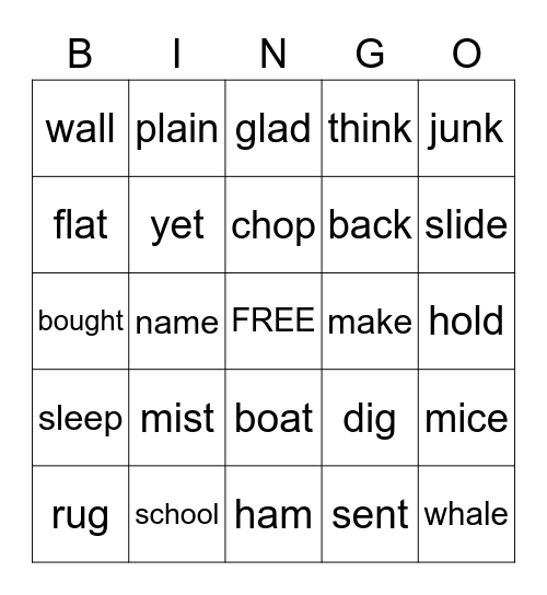 Word Family Bingo Card
