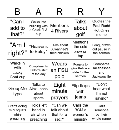 Barry Bingo Card