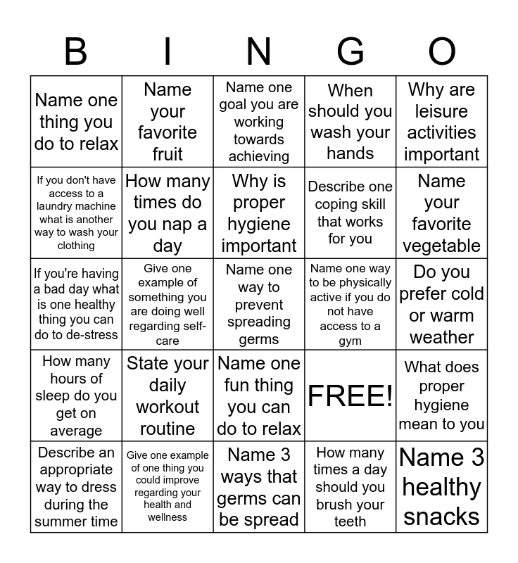 Health & Wellness Bingo Card