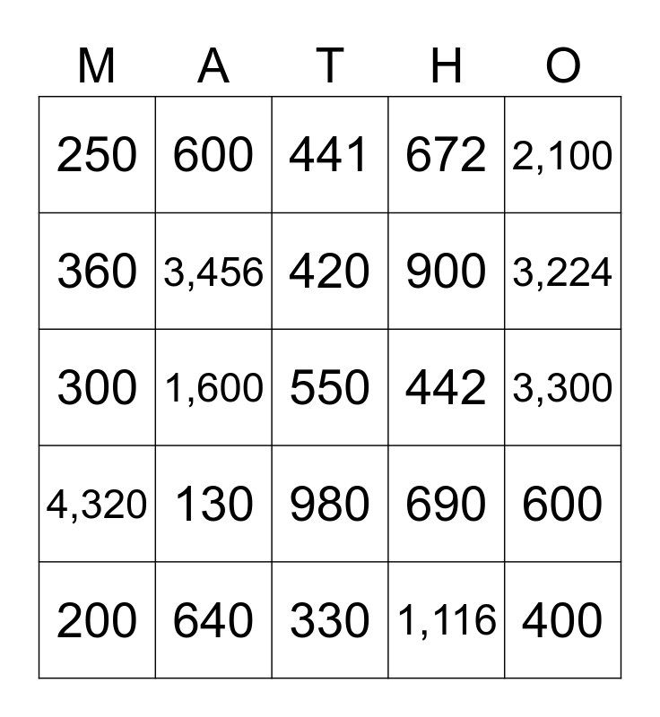 Matho Bingo Card