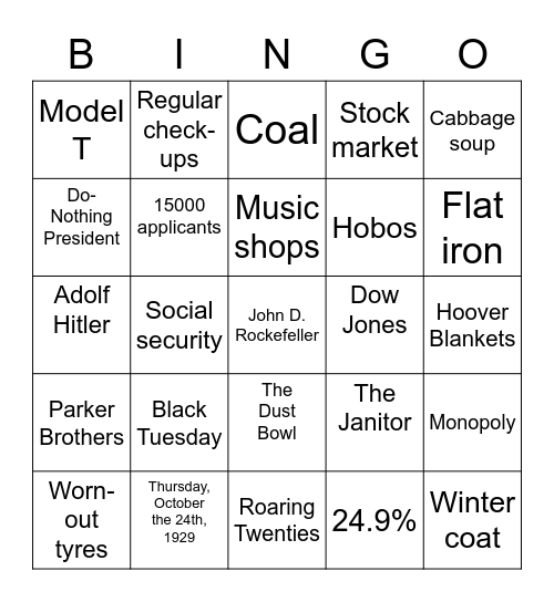 The Great Depression Bingo Card