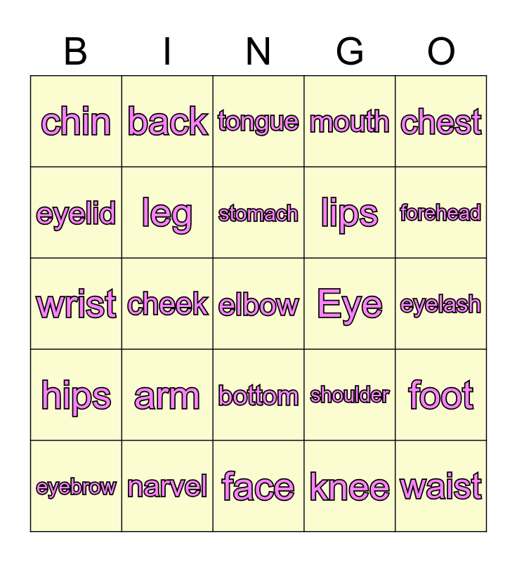 Parts Of Body Bingo Card Parts Of Body Bingo Card