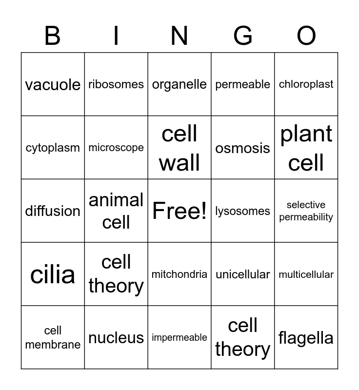 Cells and Organelles Bingo Card
