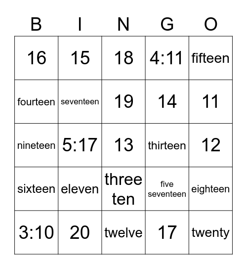 Speaking & Reading Numbers 11-19 Bingo Card