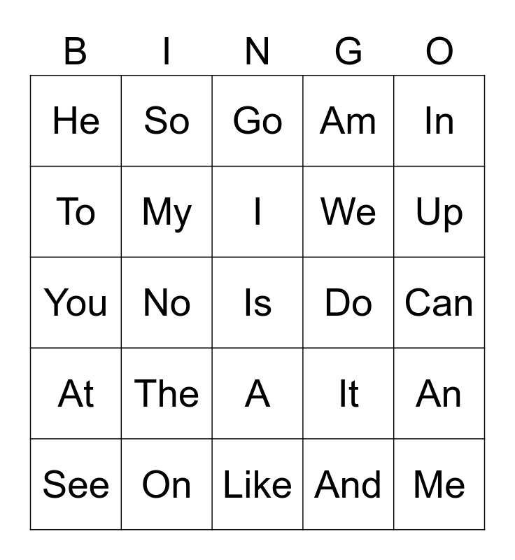 Level A Sight Words Bingo Card