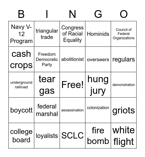 Civil Rights Movement 1960-1971 Bingo Card