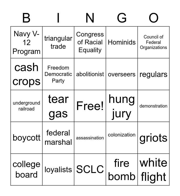 Civil Rights Movement 1960-1971 Bingo Card