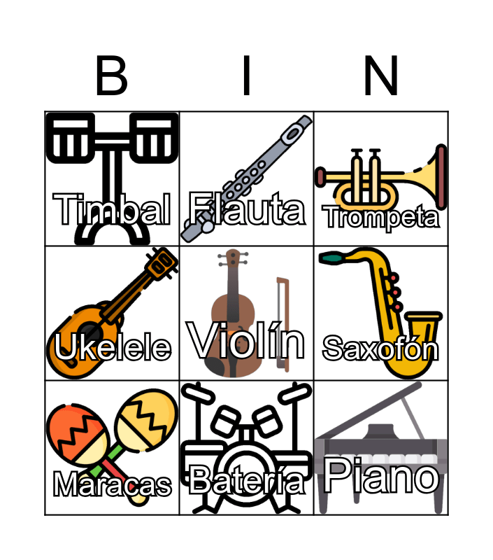 Instrumentos de música (cuerda, viento, percusión) Bingo Card