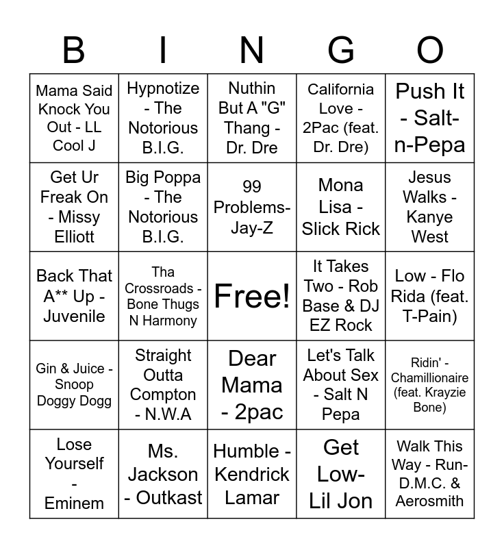 Hip-Hop Bingo Card