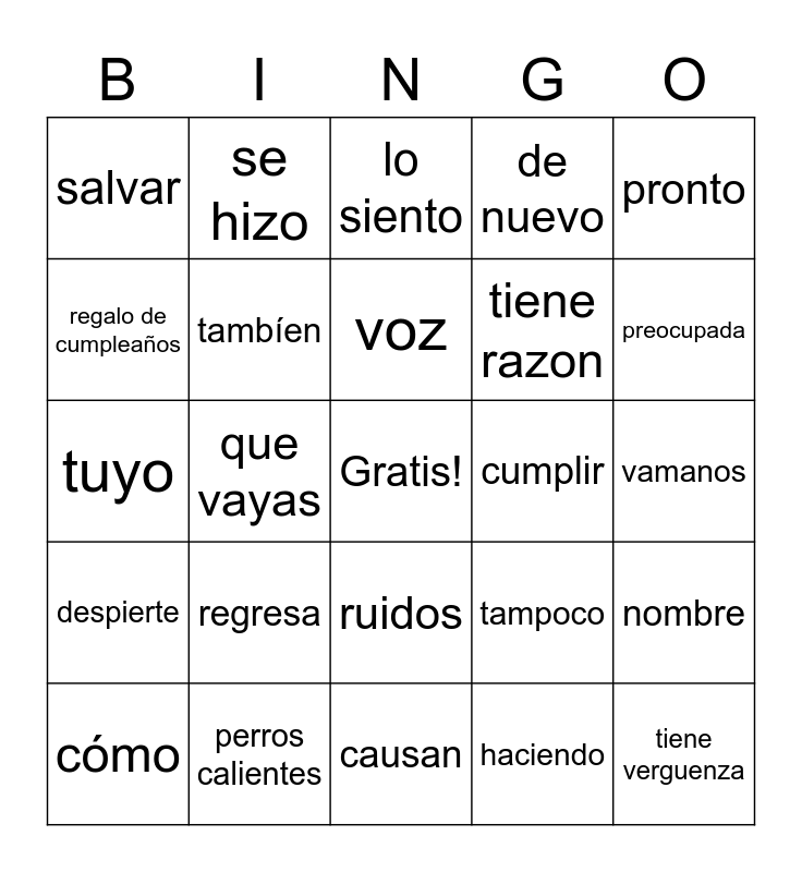 Brandon Brown Vocab Bingo Card