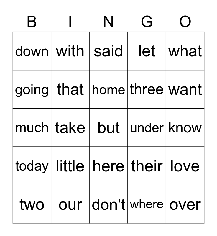 Level E Sight Words Bingo Card