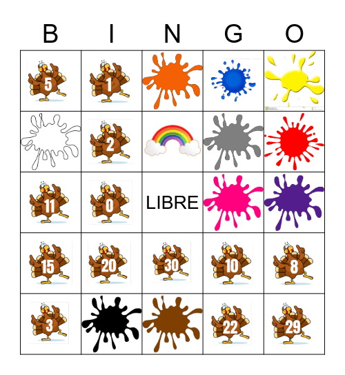 Los Colores y Números 0-30 (Pavos) Bingo Card