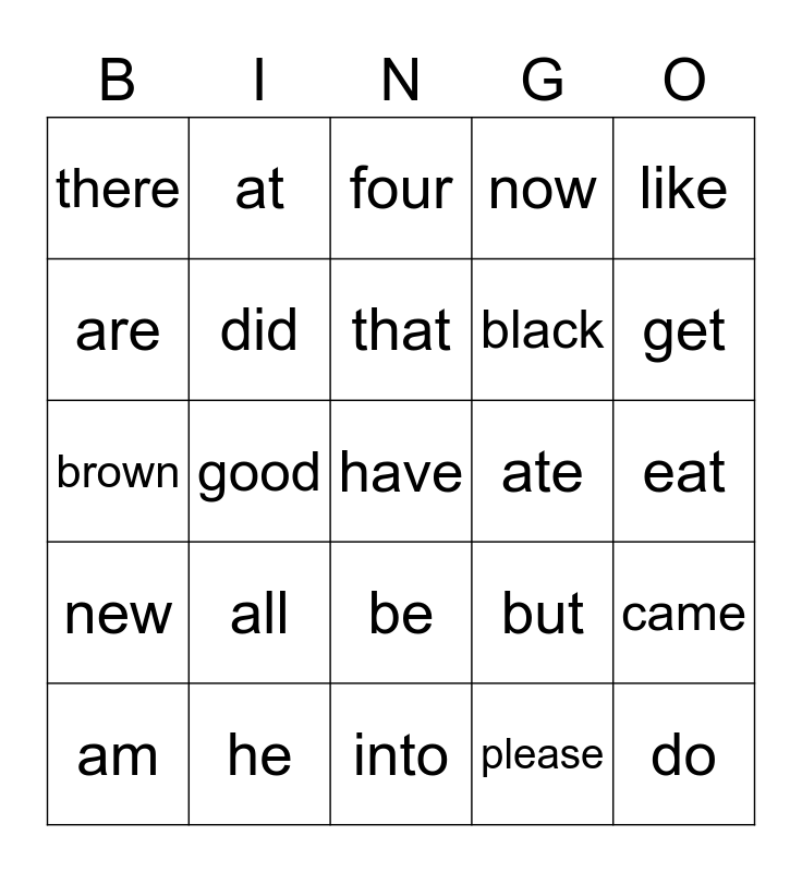 Dolch primer Bingo Card