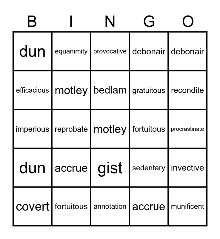 Vocabulary Unit 10 Bingo Card