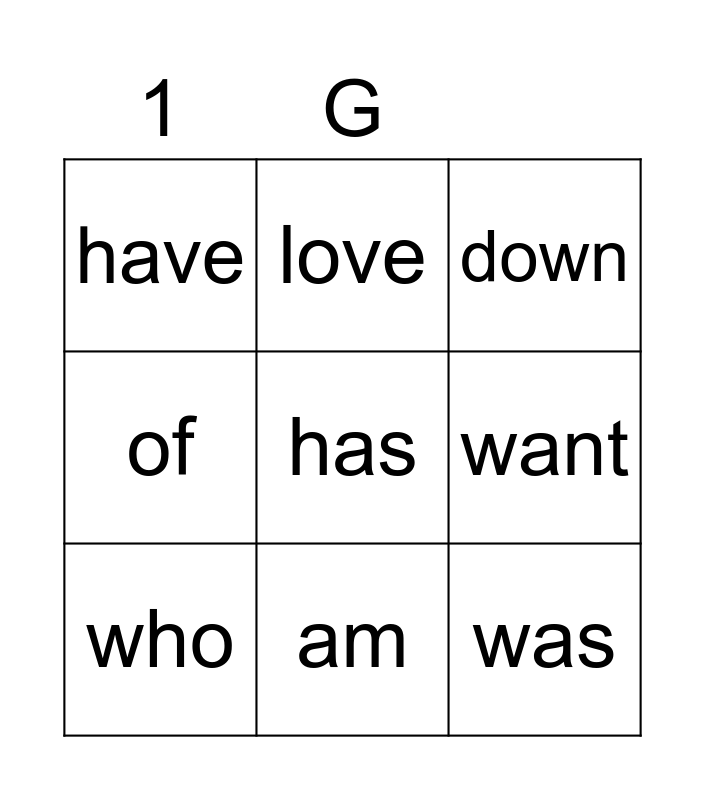 1G Power Words Bingo Card