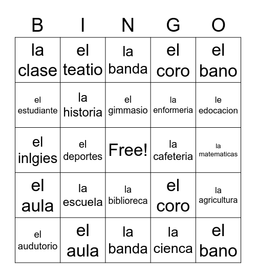 Vocabulario de escuela Bingo Card