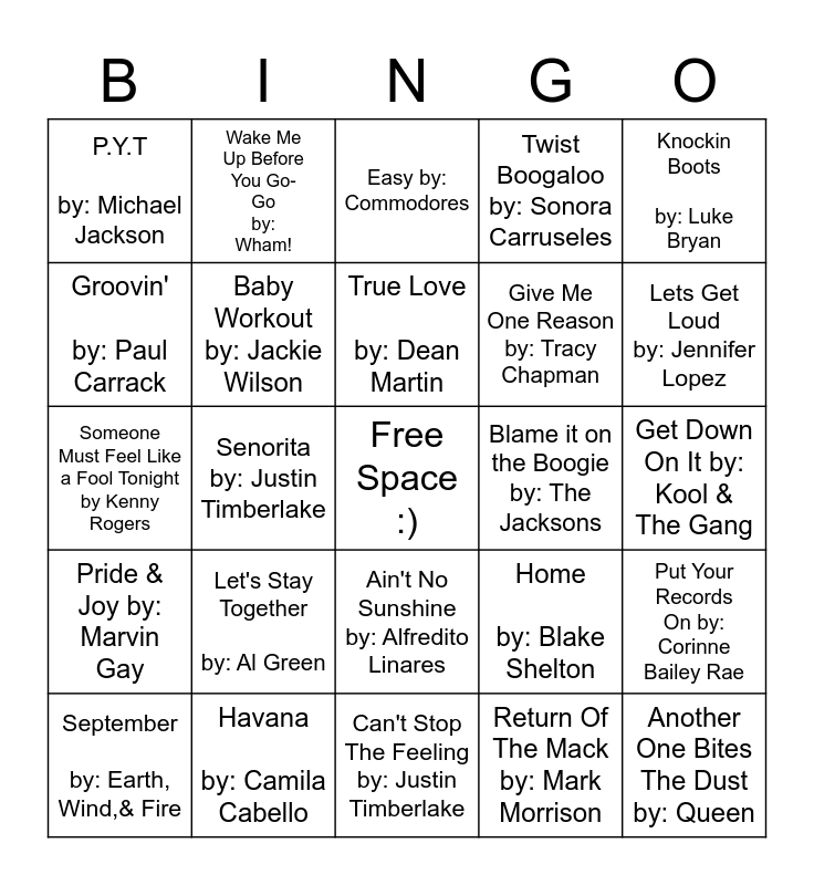 Ritz Song Bingo Card