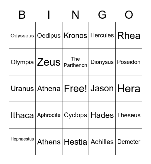 Greek Mythology Bingo Card
