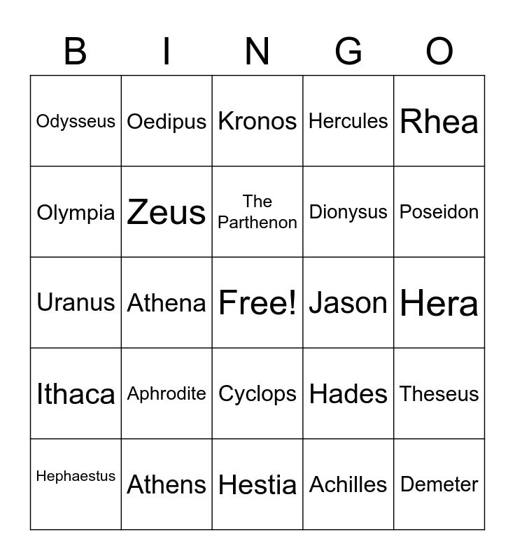 Greek Mythology Bingo Card