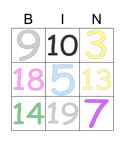 Numbers 1-20 Bingo Card