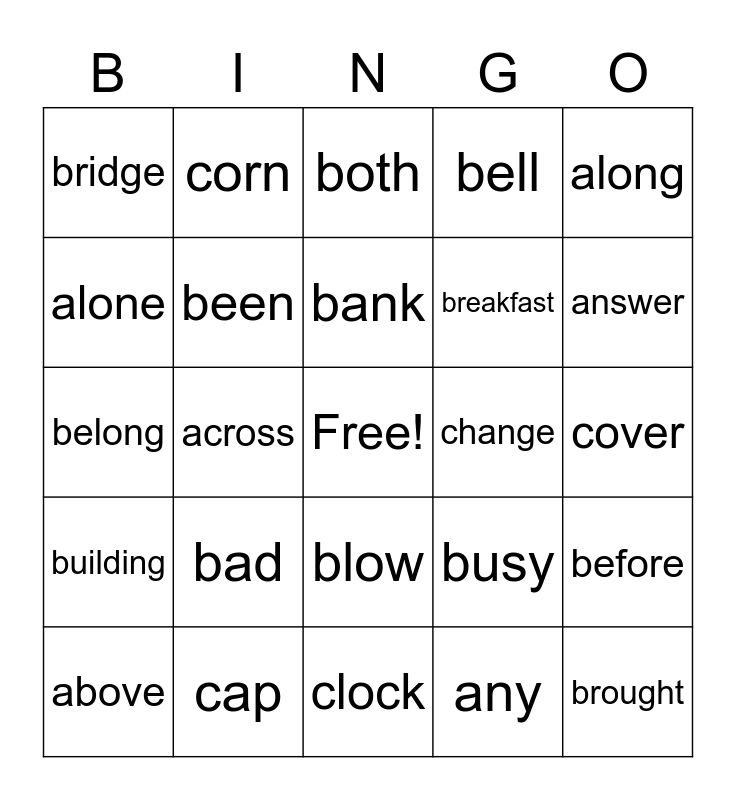 Snap Word Bingo Card