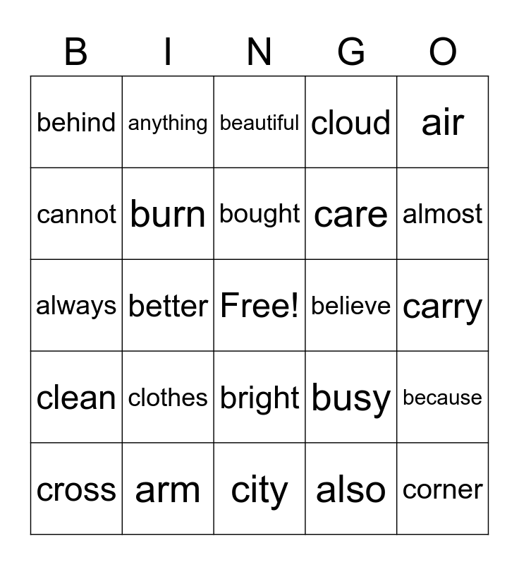Snap Words Bingo Card