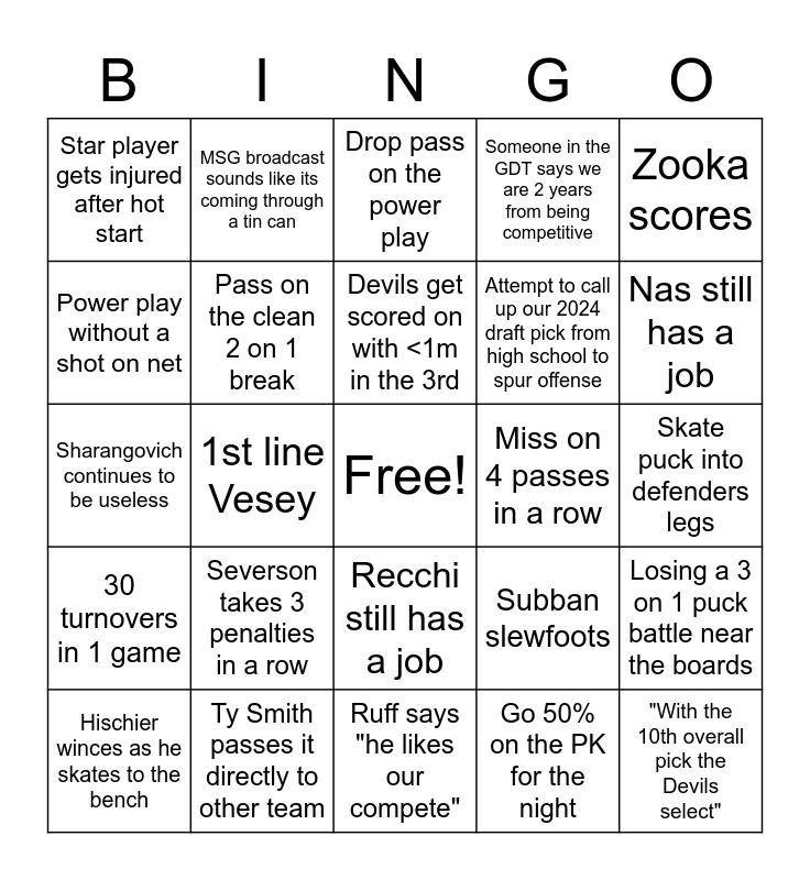 Devils Bingo Card