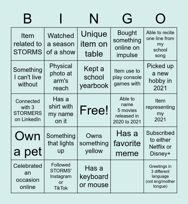 STORMS Virtual Bingo Card