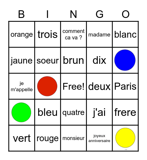 nombres et couleurs Bingo Card