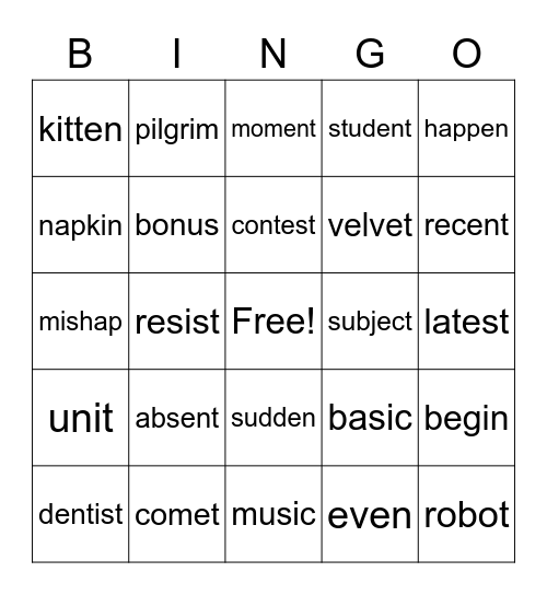 Open Closed Syllable BINGO Card