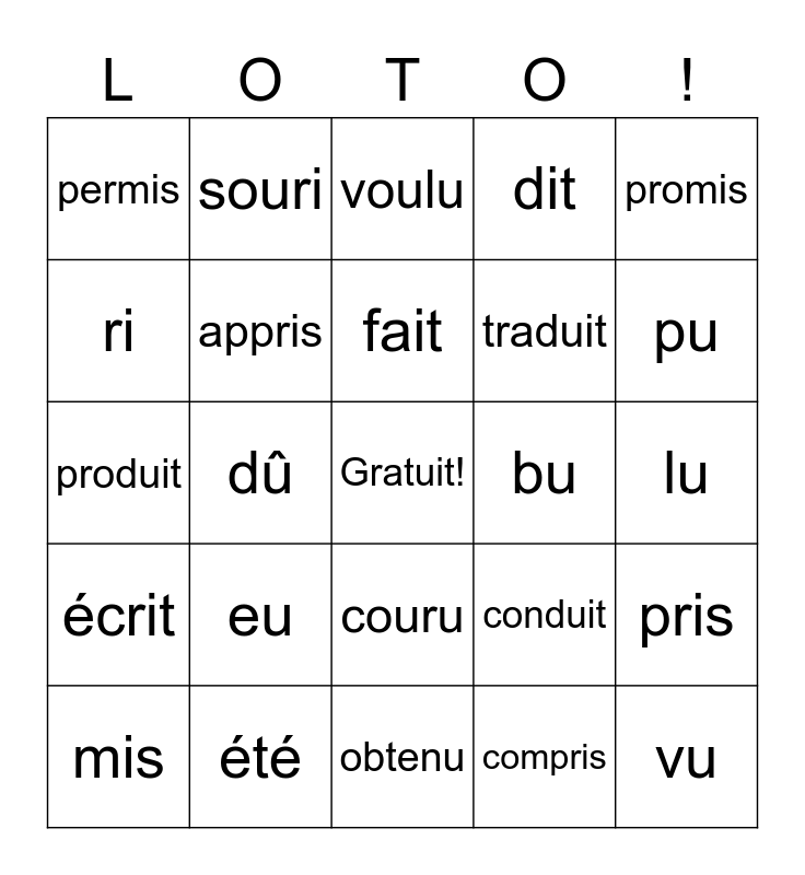 Passé Composé- irregular past participles Bingo Card