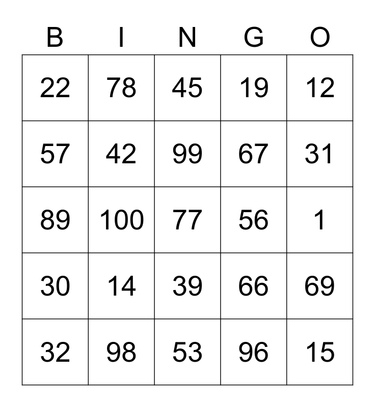 Numbers from 1-100 Bingo Card