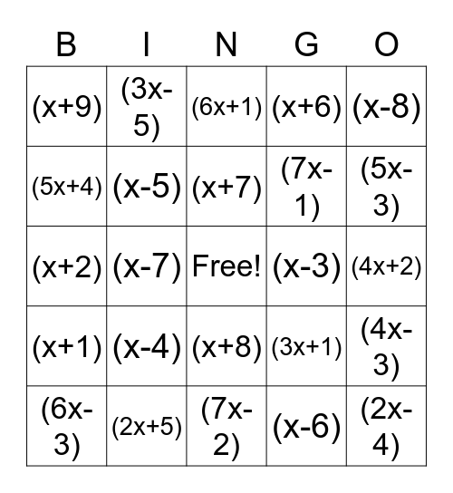 Solving By Factoring Bingo Card
