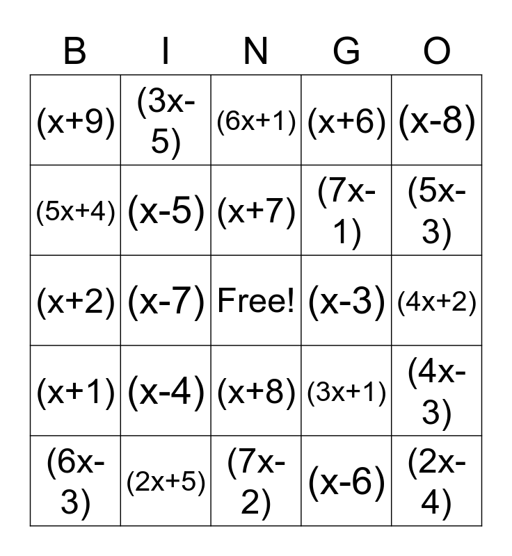 Solving By Factoring Bingo Card