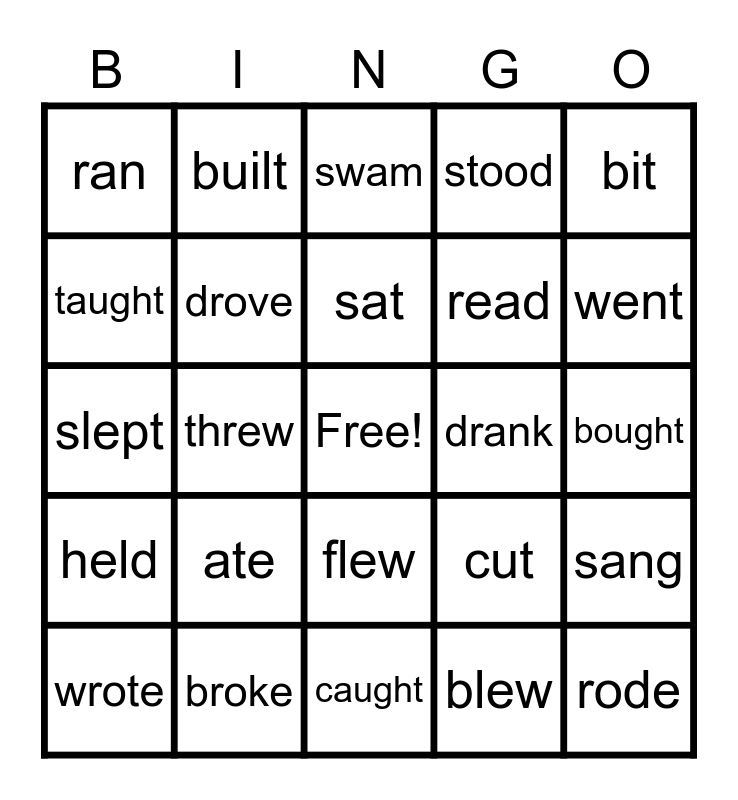 Irregular Past Tense Verbs Bingo Card