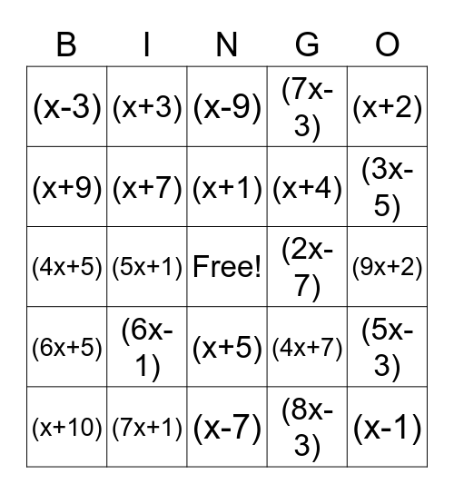 Factoring Bingo Card