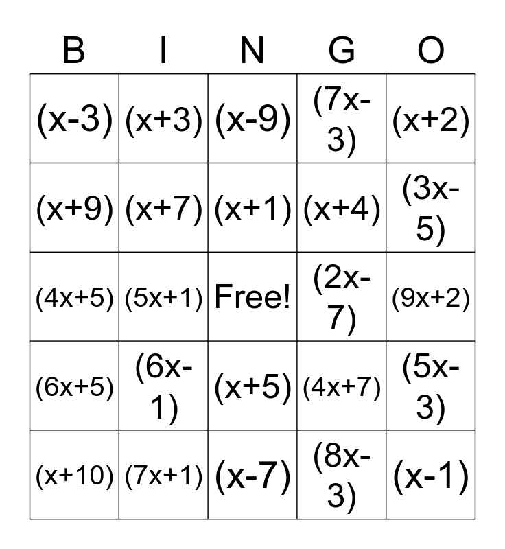 Factoring Bingo Card