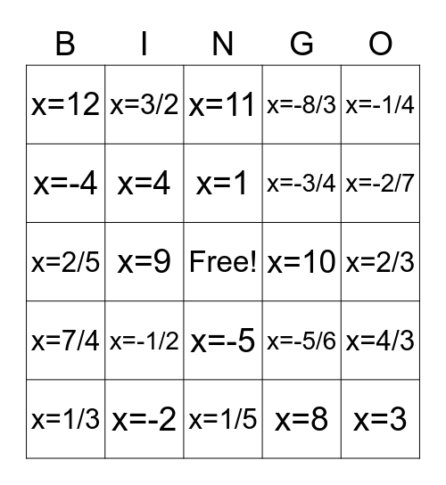 Solving by Factoring Bingo Card