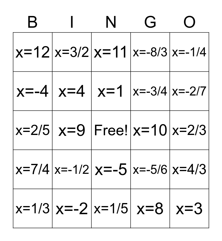 Solving by Factoring Bingo Card