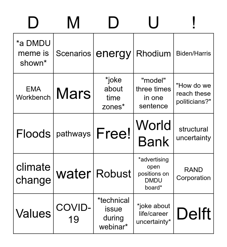 DMDU Webinar Series Bingo Card