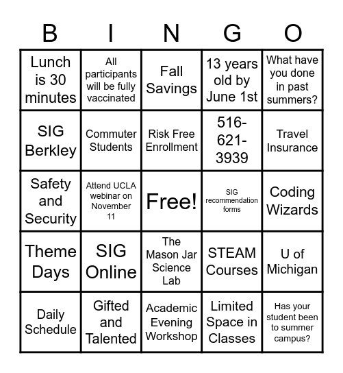 Call Time Bingo- SIG Bingo Card