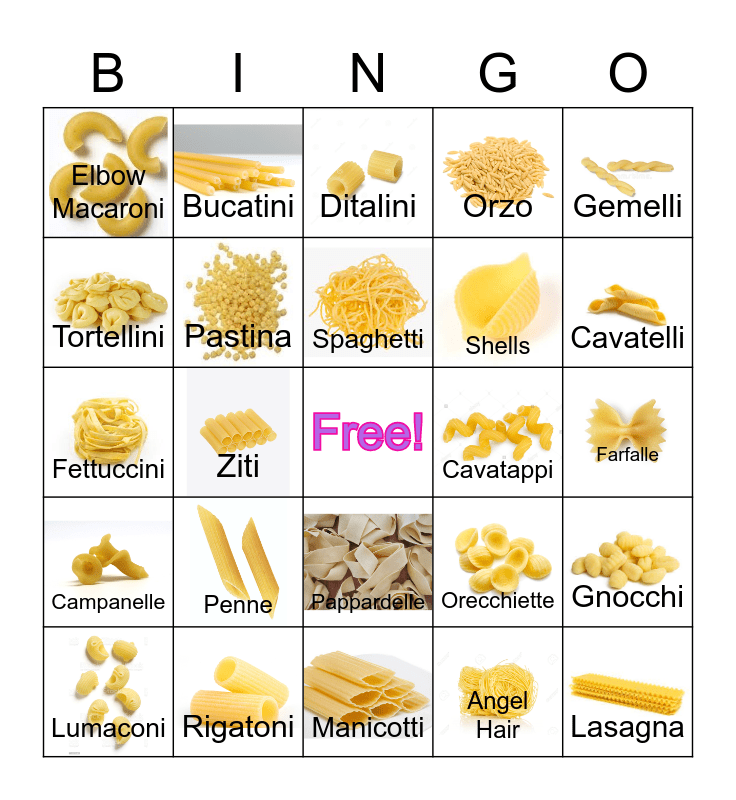 Pasta Bingo Card