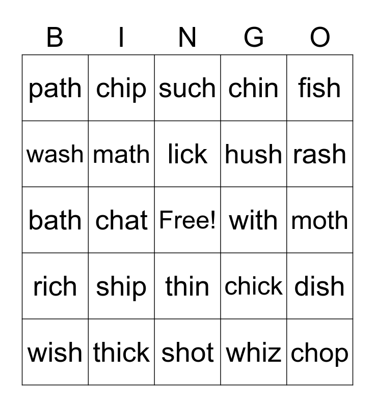Digraph Bingo Card