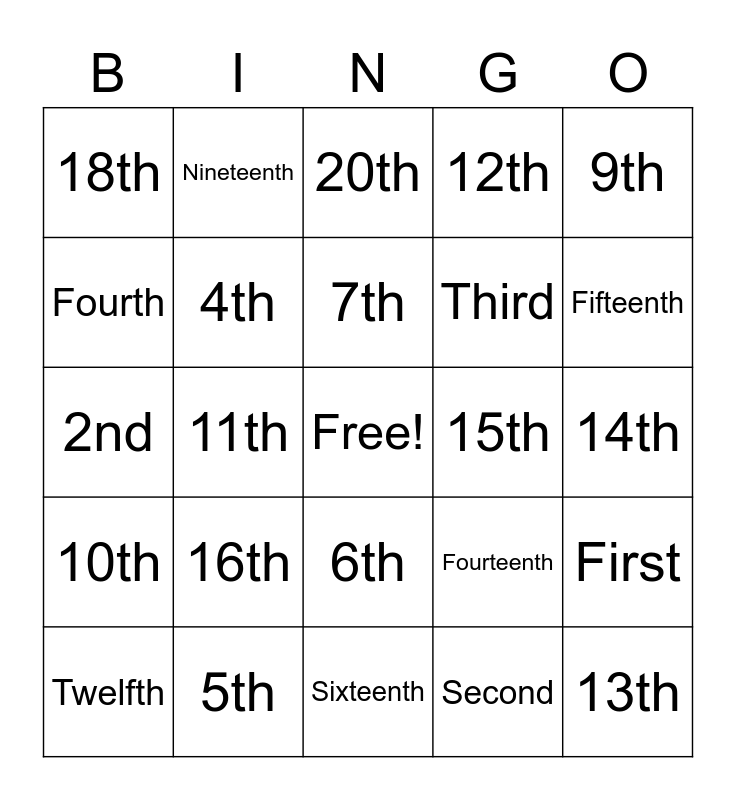 Ordinal Bingo Card