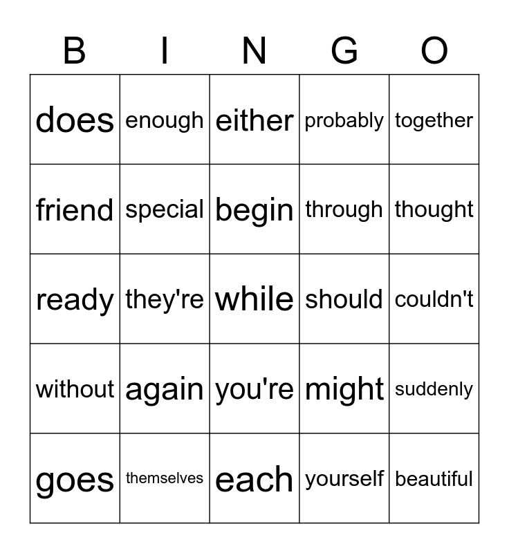 Snap Words Bingo - List G Bingo Card