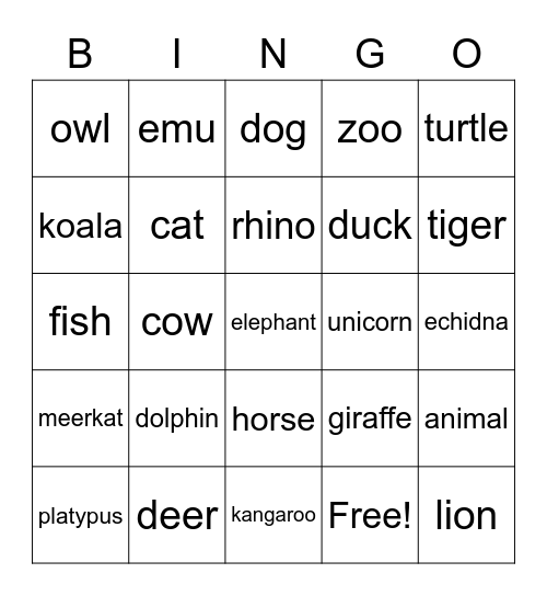 Auslan Animals Bingo Card