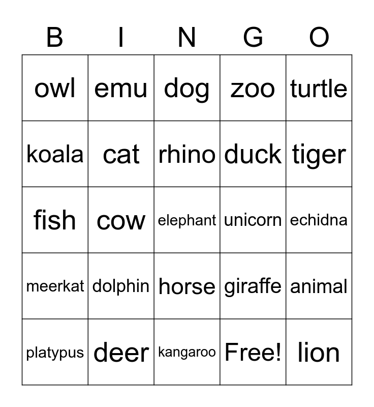 Auslan Animals Bingo Card