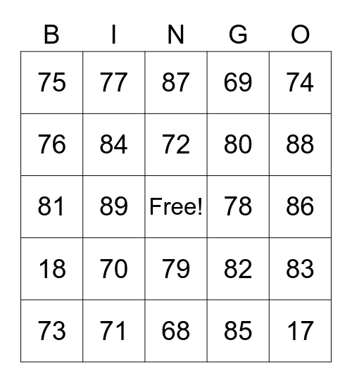Numbers 70-89!!! Bingo Card