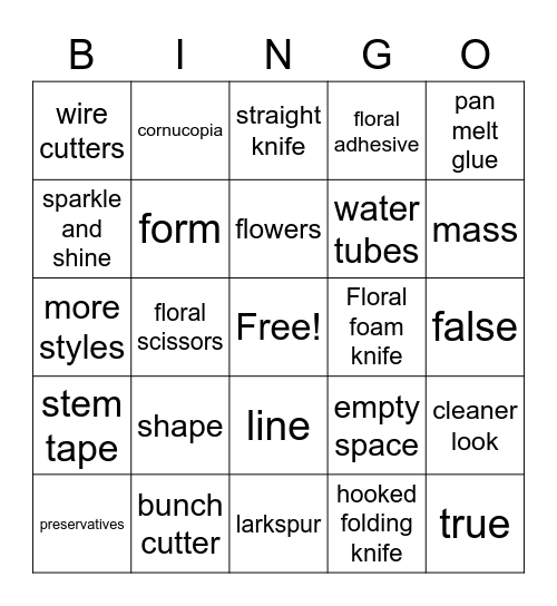 Floral Design Bingo Card